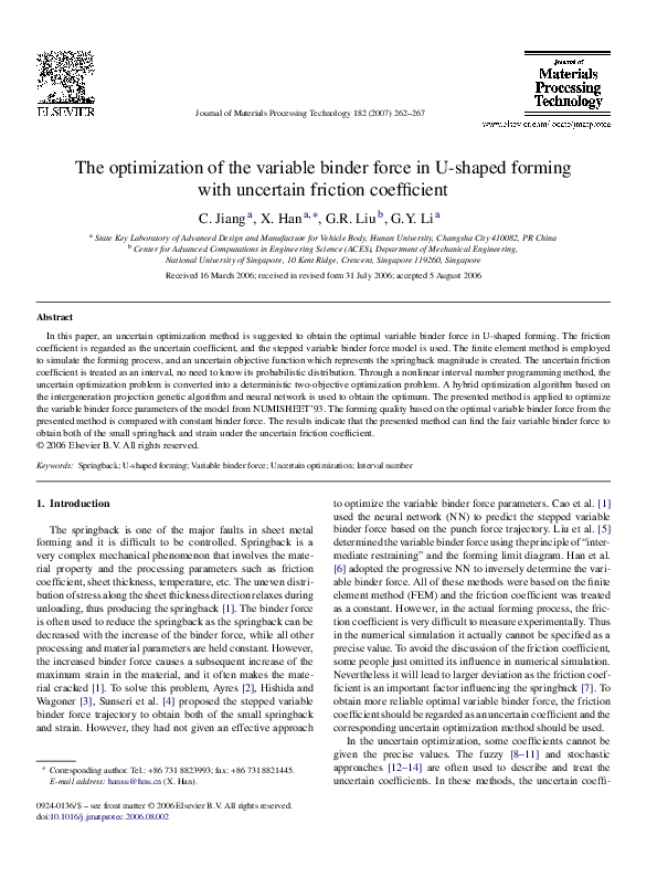 (PDF) The optimization of the variable binder force in U-shaped forming ...