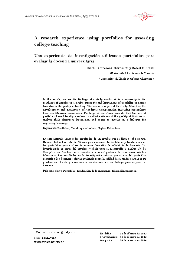 (PDF) A research experience using portfolios for assessing college teaching
