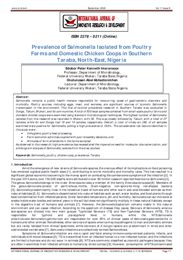 (PDF) Prevalence of Salmonella Isolated from Poultry Farms and Domestic ...