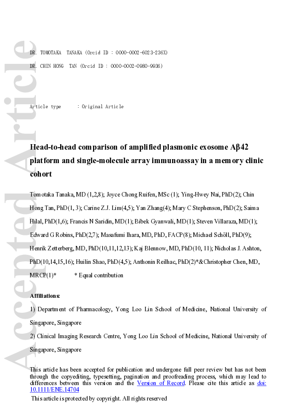 (PDF) Head‐to‐head comparison of amplified plasmonic exosome Aβ42 platform and single‐molecule ...