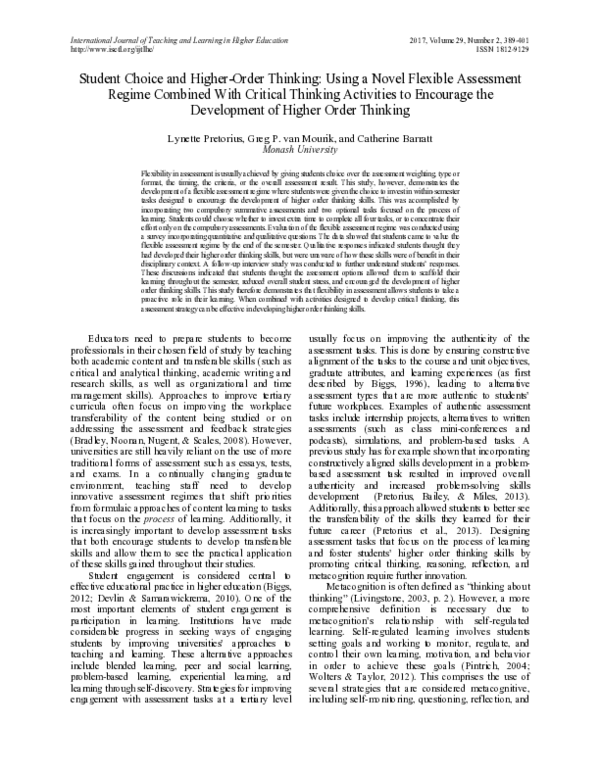 (PDF) Student choice and higher-order thinking: using a novel flexible assessment regime to ...