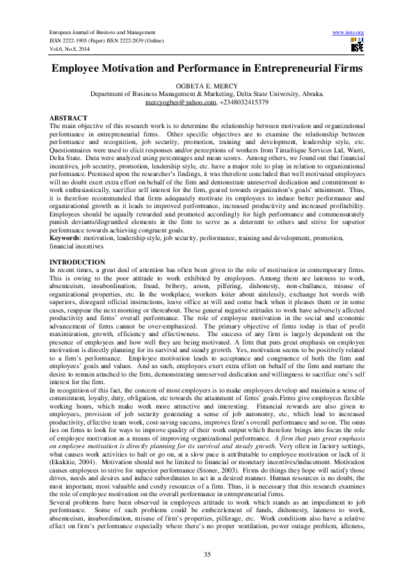 (PDF) Employee Motivation and Performance in Entrepreneurial Firms