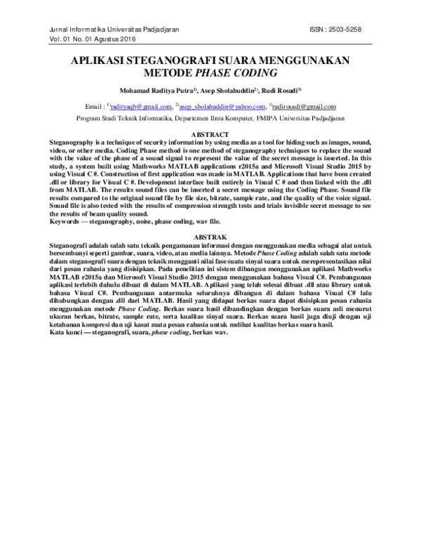 Pdf Aplikasi Steganografi Suara Menggunakan Metode Phase Coding