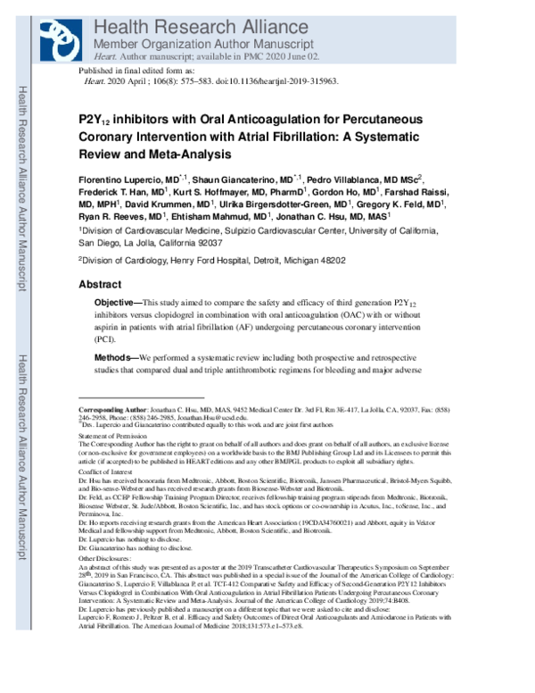(PDF) P2Y12 inhibitors with oral anticoagulation for percutaneous coronary intervention with ...