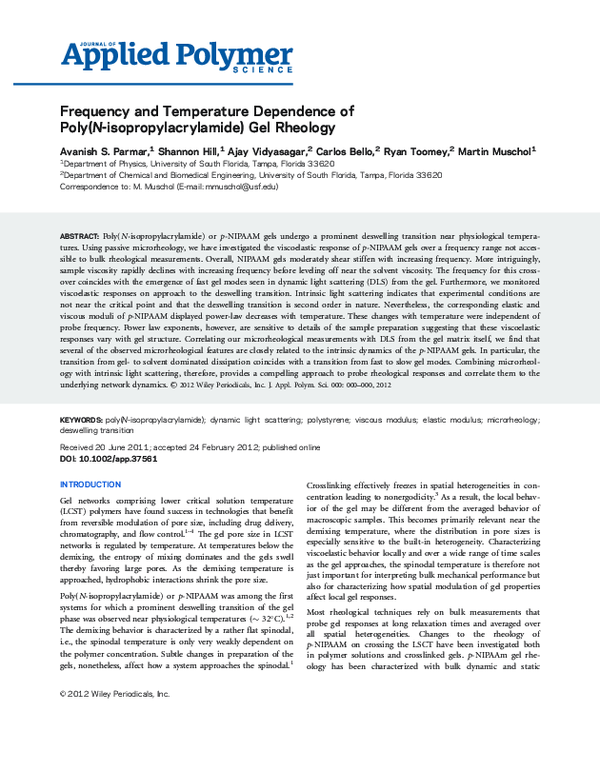 (PDF) Frequency and temperature dependence of poly( N -isopropylacrylamide) gel rheology ...