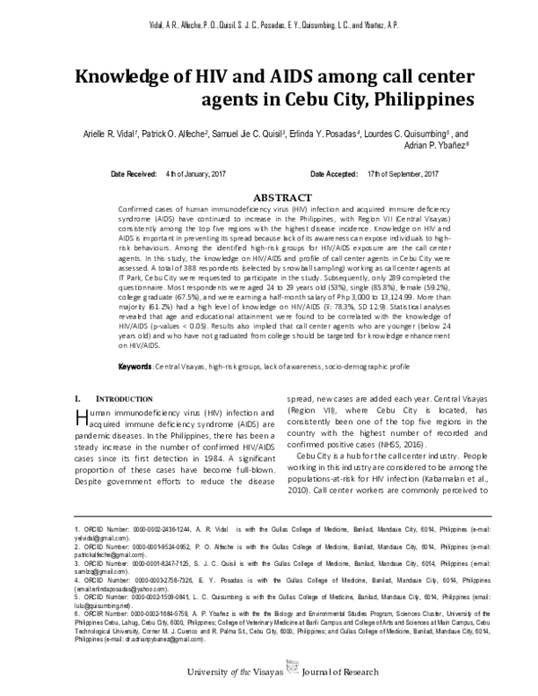 (PDF) Knowledge of HIV and AIDS among call center agents in Cebu City ...