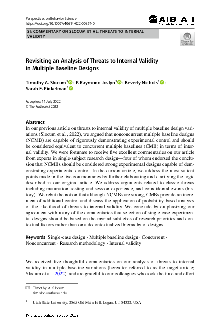 (PDF) Revisiting an Analysis of Threats to Internal Validity in Multiple Baseline Designs