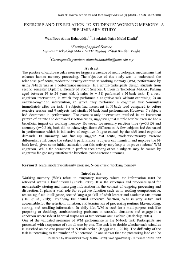 (PDF) Exercise and Its Relation to Students’ Working Memory- a Preliminary Study