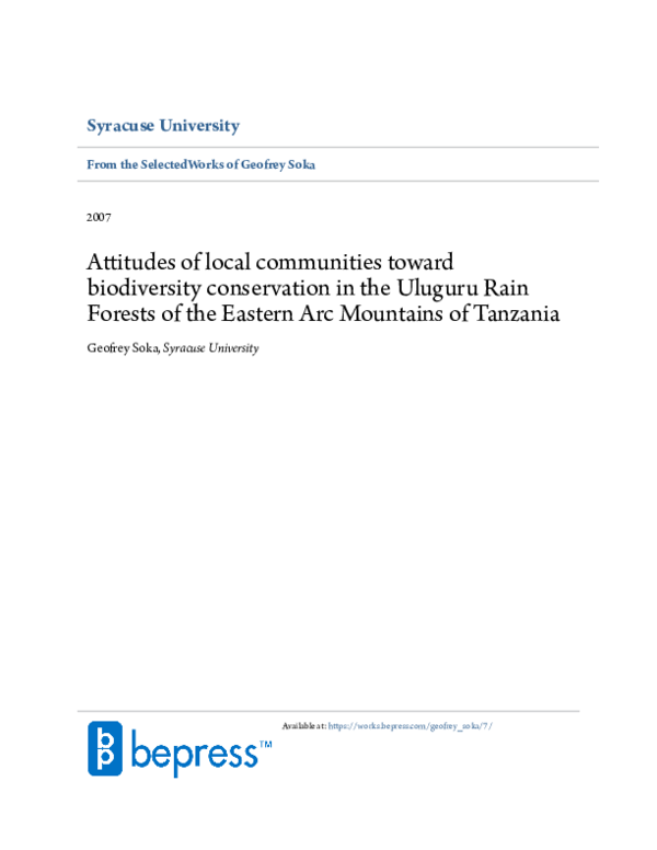 (PDF) Attitudes of local communities toward biodiversity conservation in the Uluguru Rain ...