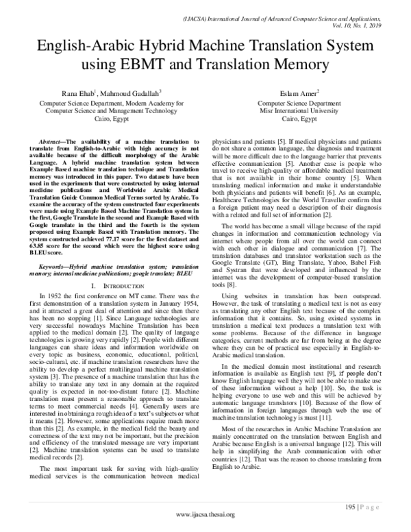 (PDF) English-Arabic Hybrid Machine Translation System using EBMT and Translation Memory