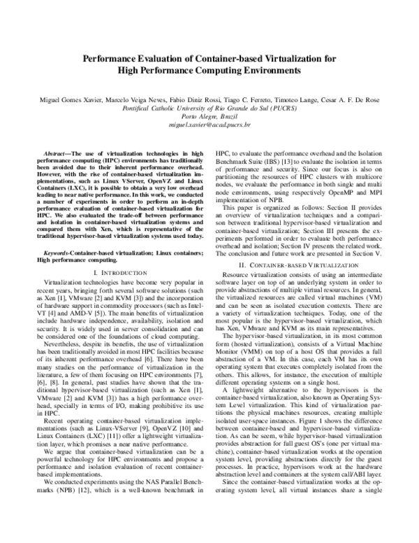 Pdf Performance Evaluation Of Container Based Virtualization For High Performance Computing
