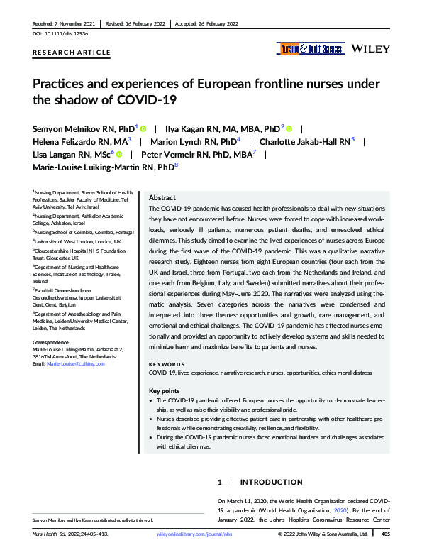 (PDF) Practices and experiences of European frontline nurses under the ...