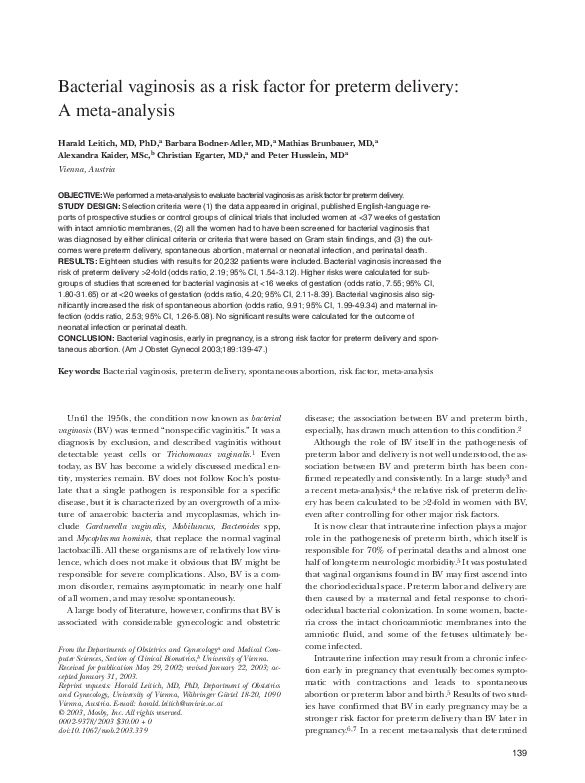 (PDF) Bacterial vaginosis as a risk factor for preterm delivery: A meta-analysis