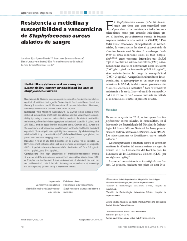 (PDF) Resistencia a meticilina y susceptibilidad a vancomicina de Staphylococcus aureus aislados ...