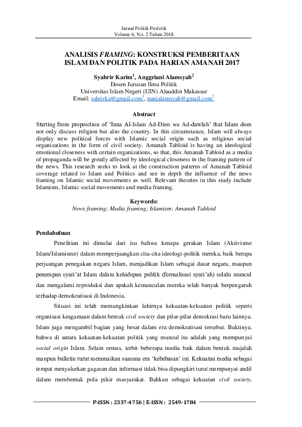 (PDF) Analisis Framing: Konstruksi Pemberitaan Islam Dan Politik Pada Harian Amanah 2017