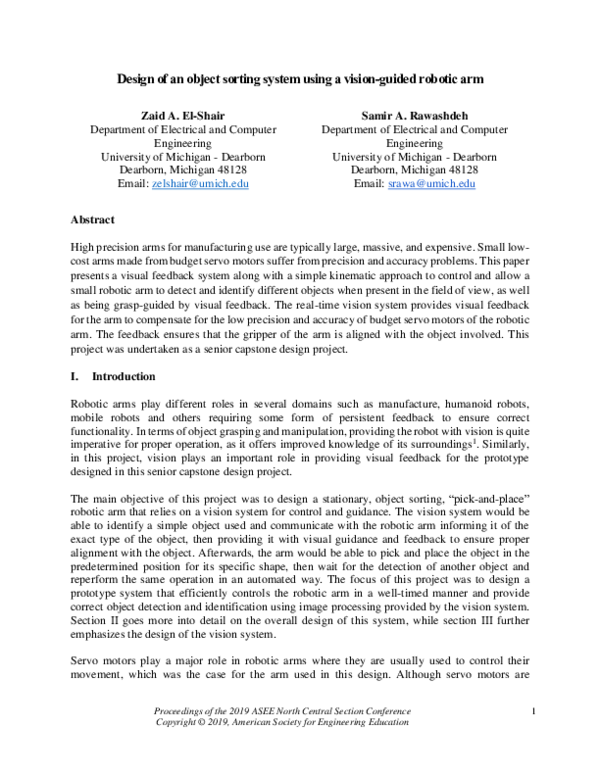 Pdf Design Of An Object Sorting System Using A Vision Guided Robotic Arm