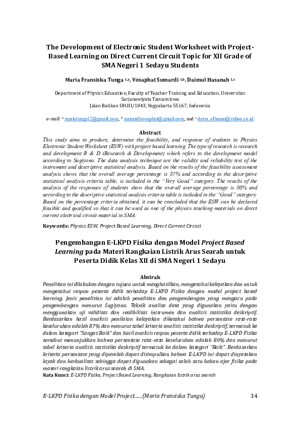 (PDF) Pengembangan E-LKPD Fisika dengan Model Project Based Learning pada Materi Rangkaian ...