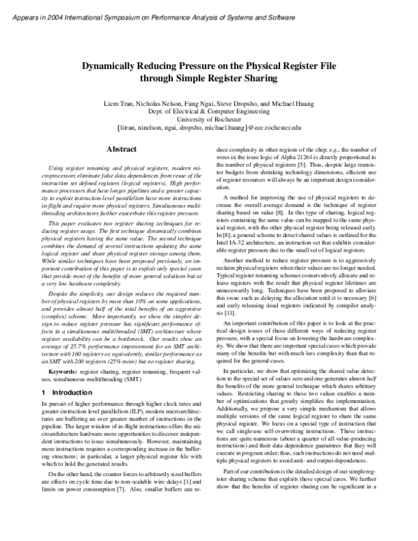 (PDF) Dynamically reducing pressure on the physical register file through simple register sharing