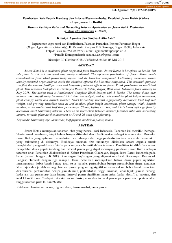 (PDF) Pemberian Dosis Pupuk Kandang dan Interval Panen terhadap ...