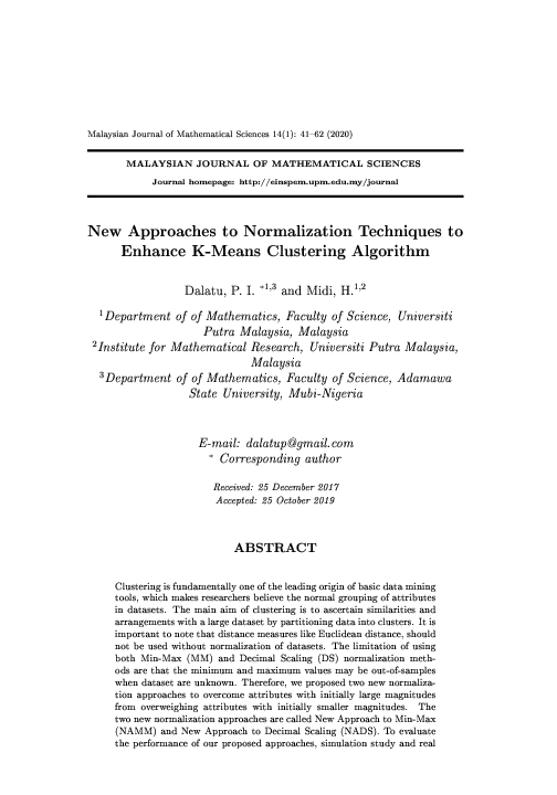 (PDF) New approaches to normalization techniques to enhance k-means clustering algorithm