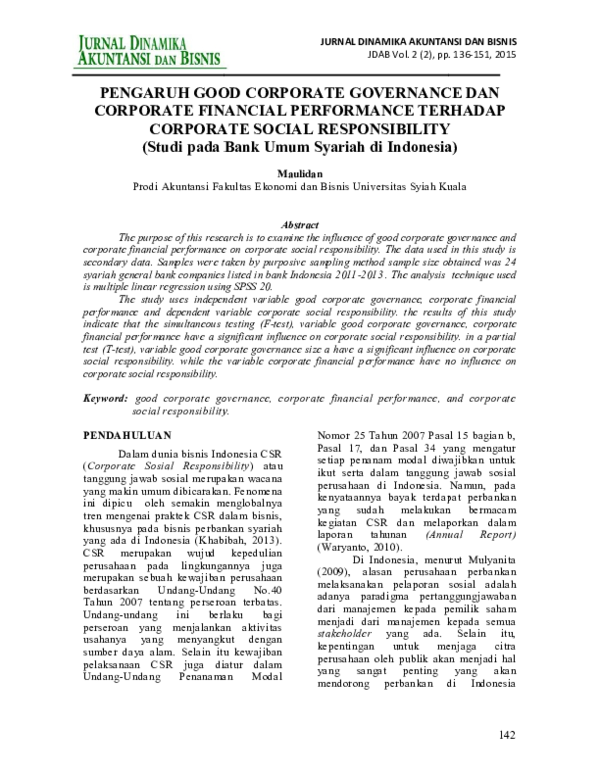 (PDF) PENGARUH GOOD CORPORATE GOVERNANCE DAN CORPORATE FINANCIAL PERFORMANCE TERHADAP CORPORATE ...