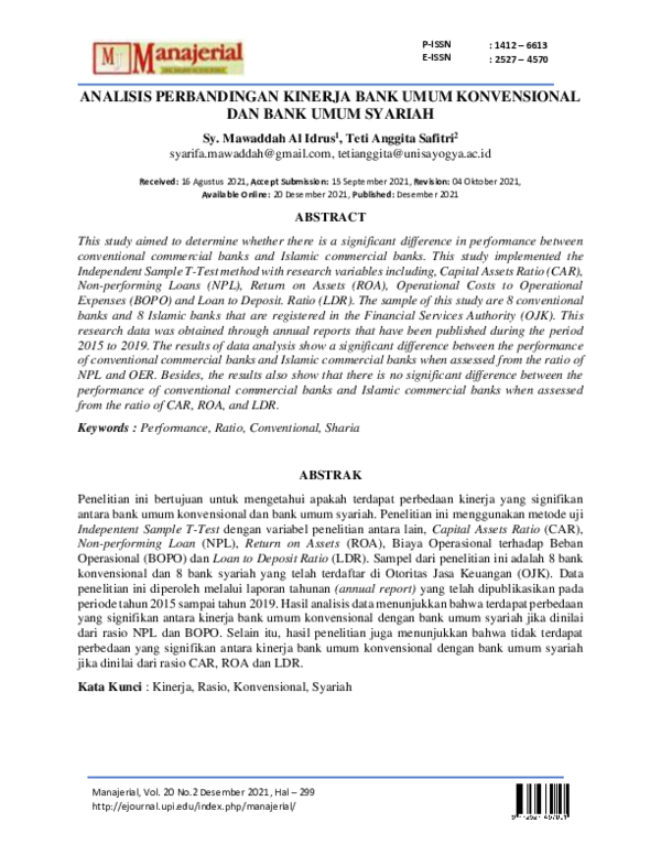 (PDF) Analisis Perbandingan Kinerja Bank Umum Konvensional Dan Bank Umum Syariah