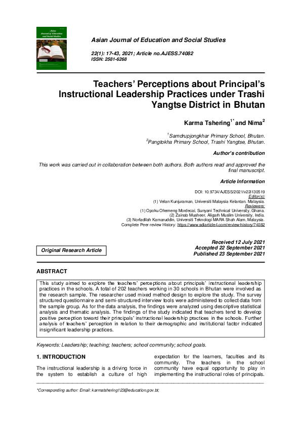 (PDF) Teachers’ Perceptions about Principal’s Instructional Leadership Practices under Trashi ...