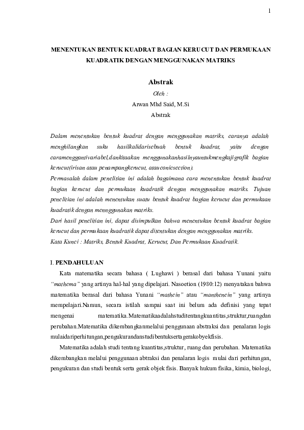(PDF) Menentukan Bentuk Kuadrat Bagian Kerucut Dan Permukaan Kuadratik ...