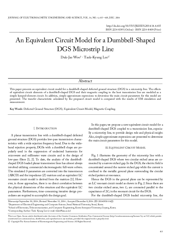 (PDF) An Equivalent Circuit Model for a Dumbbell-Shaped DGS Microstrip Line