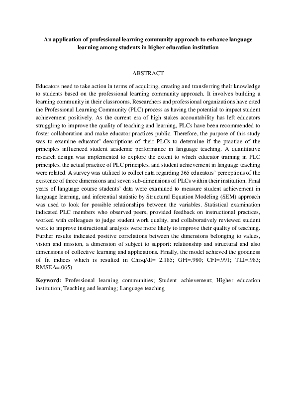 (PDF) An application of professional learning community approach to ...