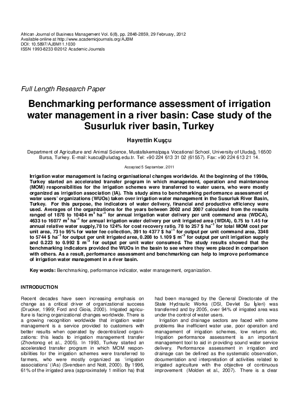 (PDF) Benchmarking performance assessment of irrigation water ...