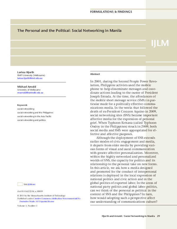 (PDF) The Personal and the Political: Social Networking in Manila