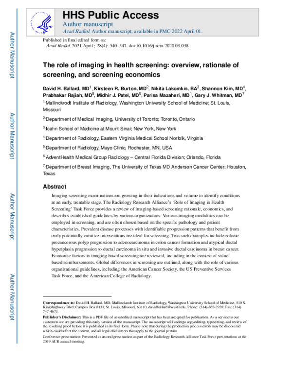 (PDF) The Role of Imaging in Health Screening: Overview, Rationale of ...