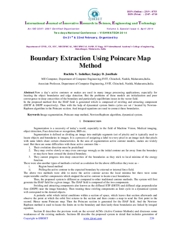 (PDF) Two days National Conference -VISHWATECH 2014 Boundary Extraction Using Poincare Map Method