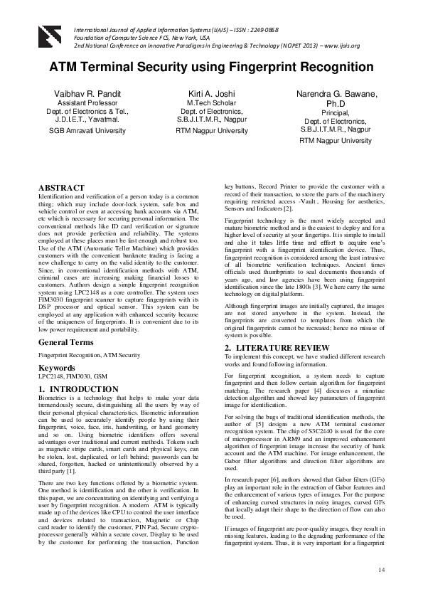 (PDF) ATM Terminal Security using Fingerprint Recognition