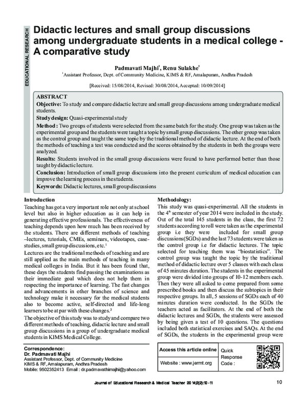 (PDF) Didactic lectures and small group discussions among undergraduate students in a medical ...