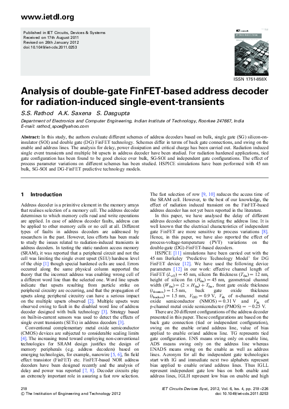 Pdf Analysis Of Double Gate Finfet Based Address Decoder For