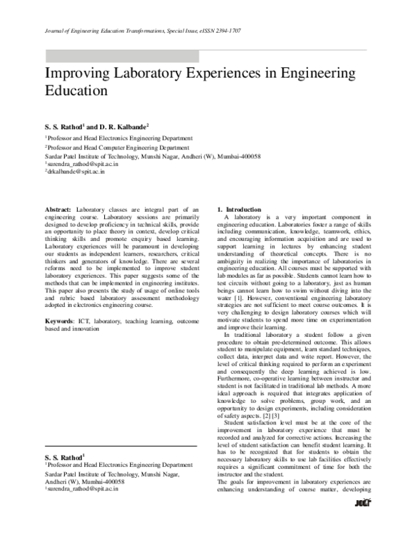 (PDF) Improving Laboratory Experiences in Engineering Education