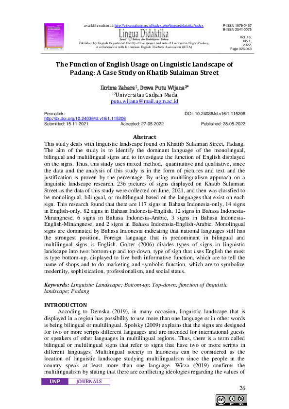 (PDF) The Function of English Usage on Linguistic Landscape of Padang ...