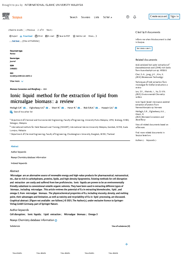 (PDF) Ionic liquid method for the extraction of lipid from microalgae biomass: a review