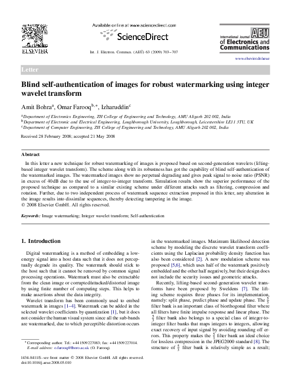 (PDF) Blind self-authentication of images for robust watermarking using integer wavelet transform