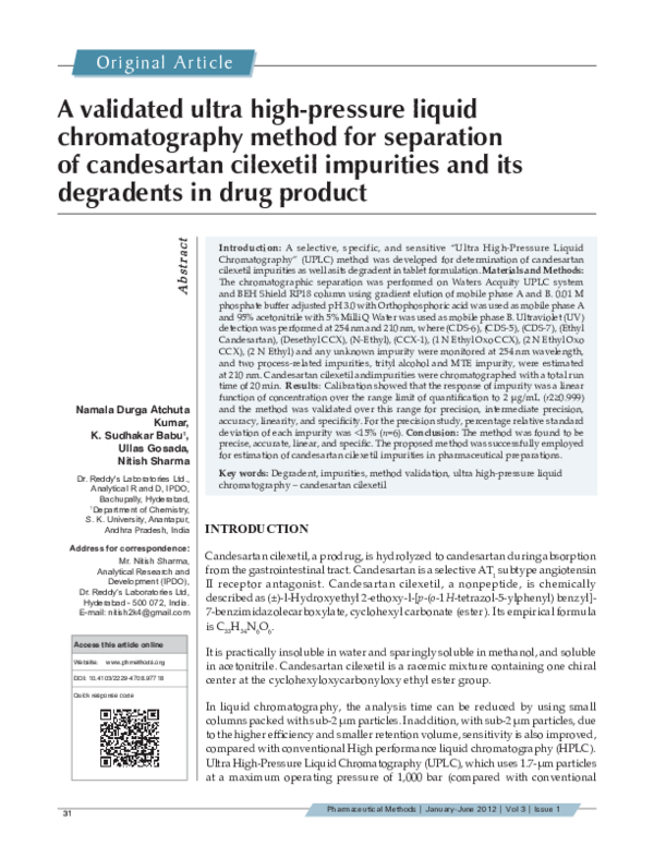 (PDF) A validated ultra high-pressure liquid chromatography method for separation of candesartan ...