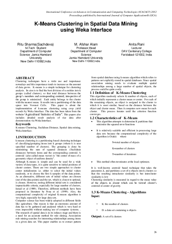 Pdf K Means Clustering In Spatial Data Mining Using Weka Interface