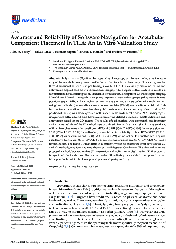 (PDF) Accuracy and Reliability of Software Navigation for Acetabular Component Placement in THA ...