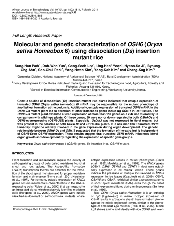 (PDF) Molecular and genetic characterization of OSH6 (Oryza sativa Homeobox 6) using ...