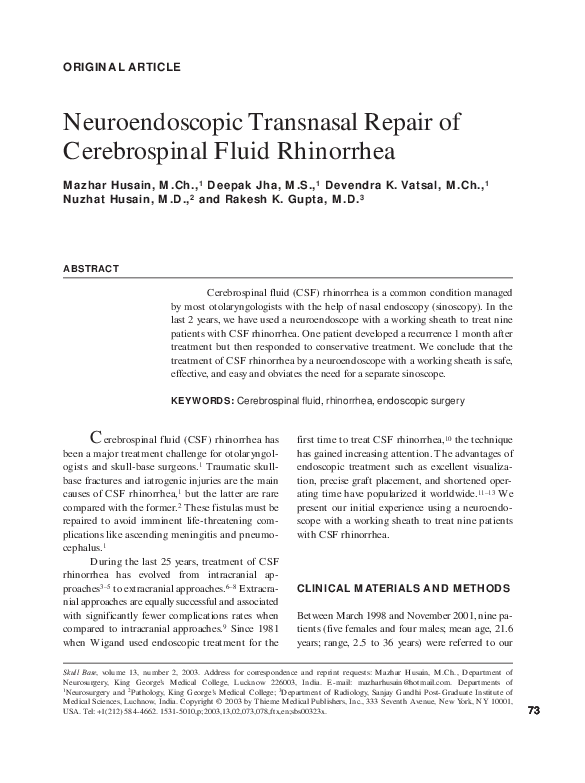 (PDF) Neuroendoscopic Transnasal Repair of Cerebrospinal Fluid Rhinorrhea