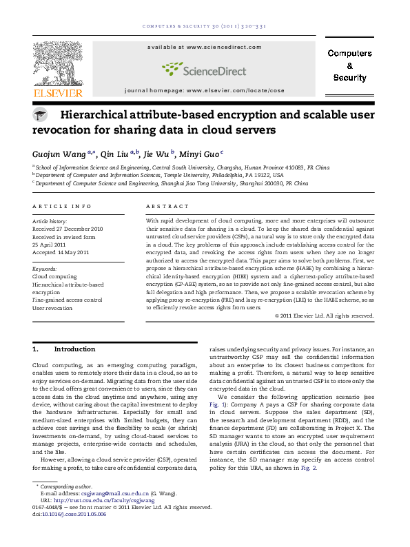 Pdf Hierarchical Attribute Based Encryption And Scalable User Revocation For Sharing Data In