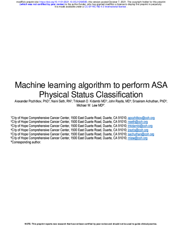 (PDF) Machine learning algorithm to perform ASA Physical Status ...