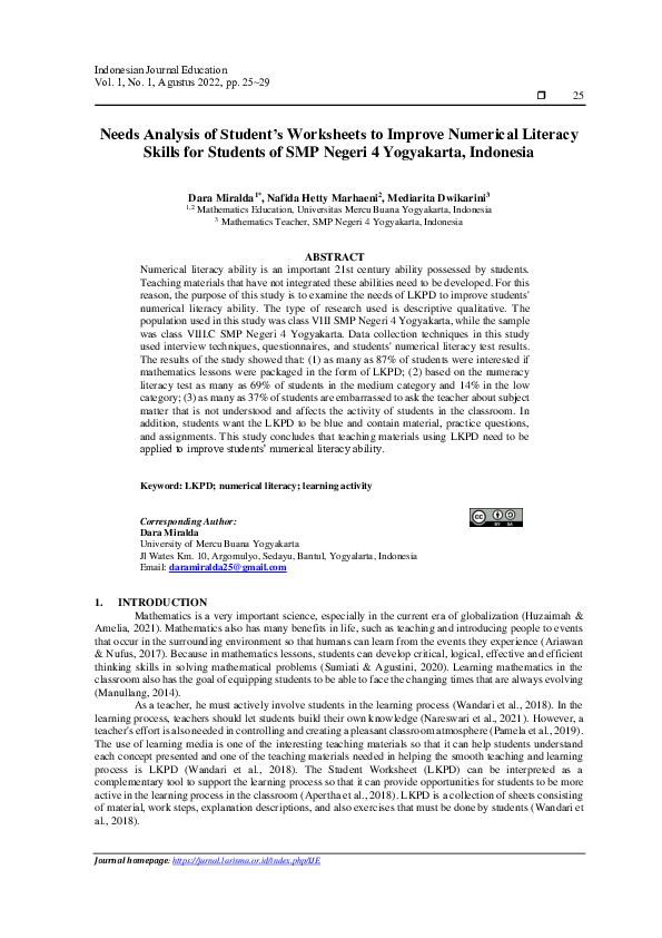 (PDF) Needs Analysis of Student’s Worksheets to Improve Numerical Literacy Skills for Students ...