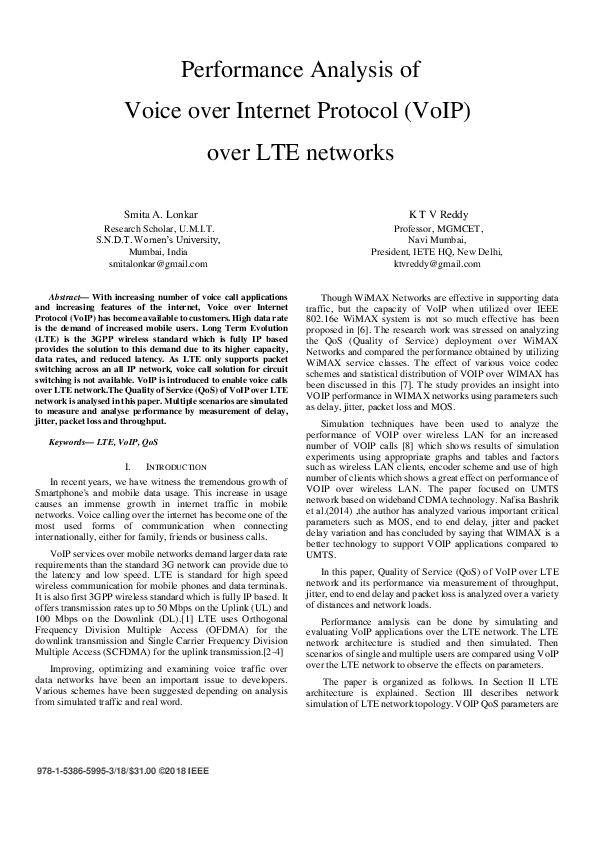 Pdf Performance Analysis Of Voice Over Internet Protocol Voip Over